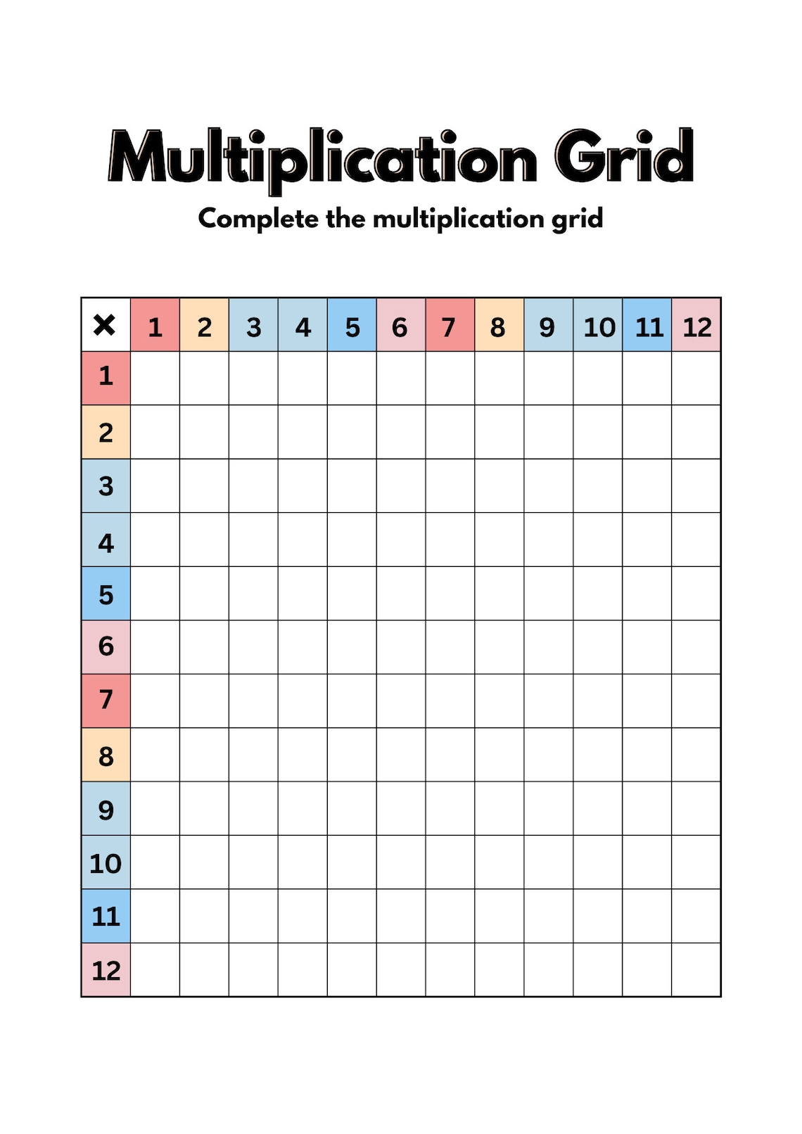 Printable Multiplication Grid - Fillable, Times Tables Grid, Single ...