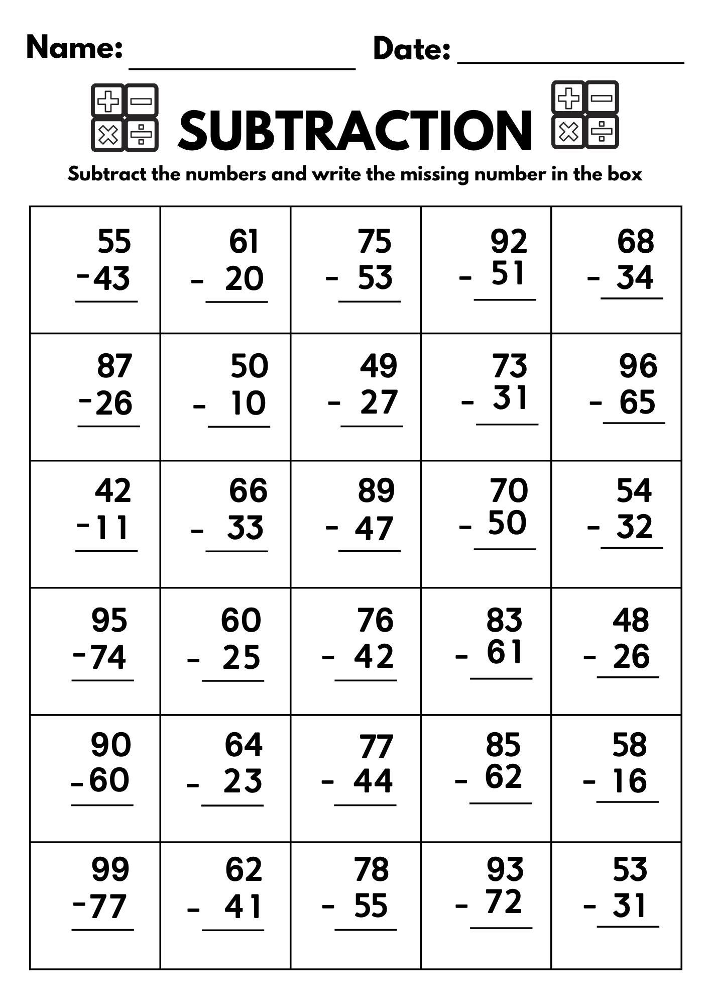 10 Printable Two-digit Subtraction Worksheets – With & Without ...