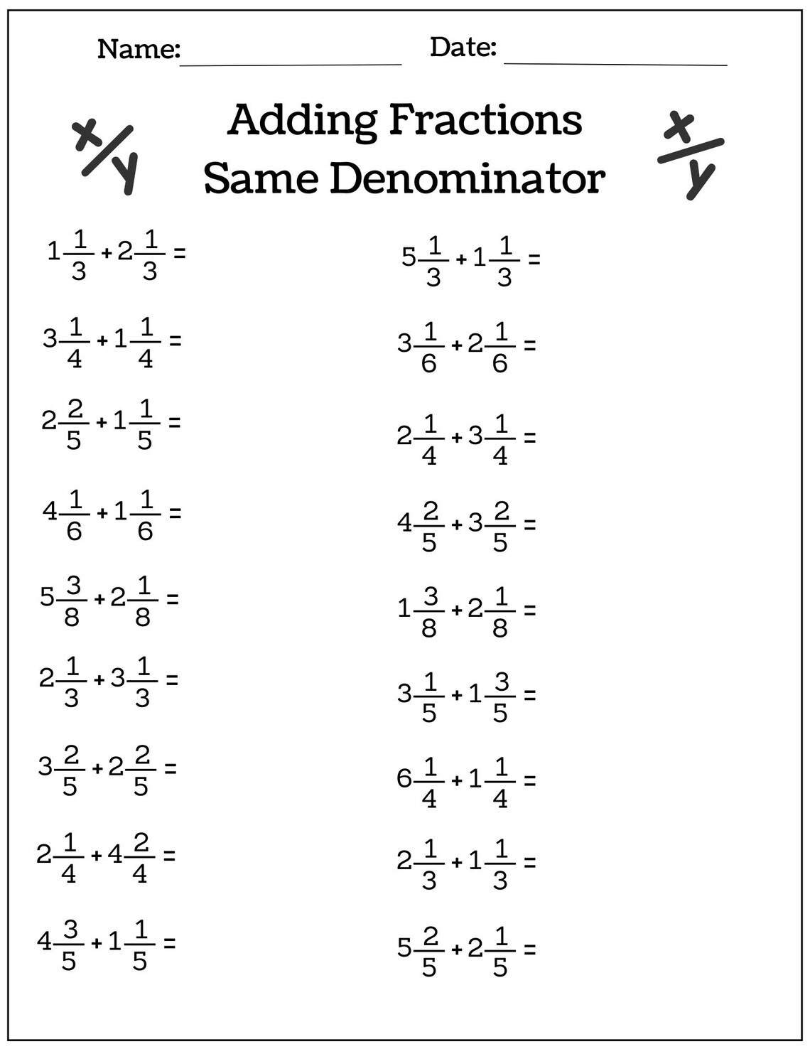 10 Printable Adding Mixed Numbers Fractions Worksheets (same ...
