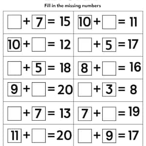 10 Printable Additition Fill in the Blanks Worksheets (numbers 1-20 ...