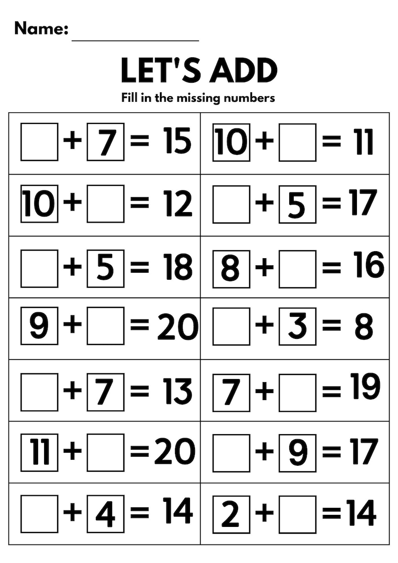 Addition Worksheets: Fill in the Blank - Numbers 1-20 (PDF) - Etsy