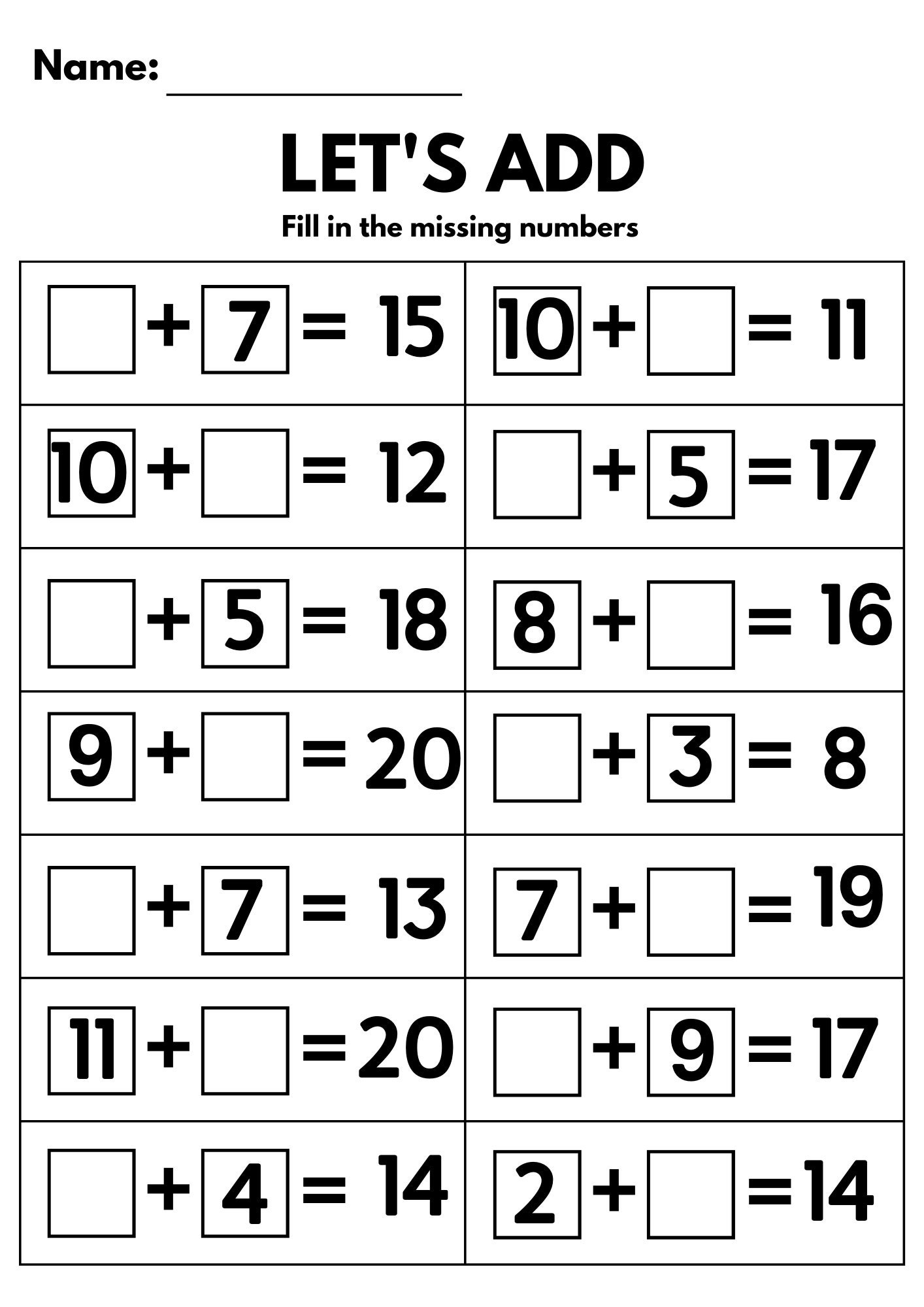 10 Printable Additition Fill in the Blanks Worksheets (numbers 1-20 ...