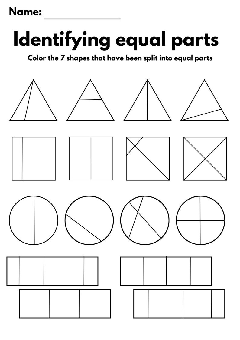 10 Printable Fraction Worksheets, Shapes, for Kindergarten-1st Grade ...