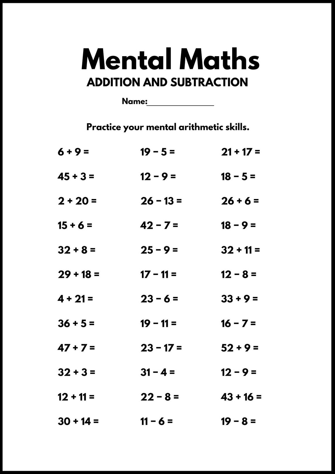7 Printable Additition and Subtraction Worksheets, Mental Maths ...
