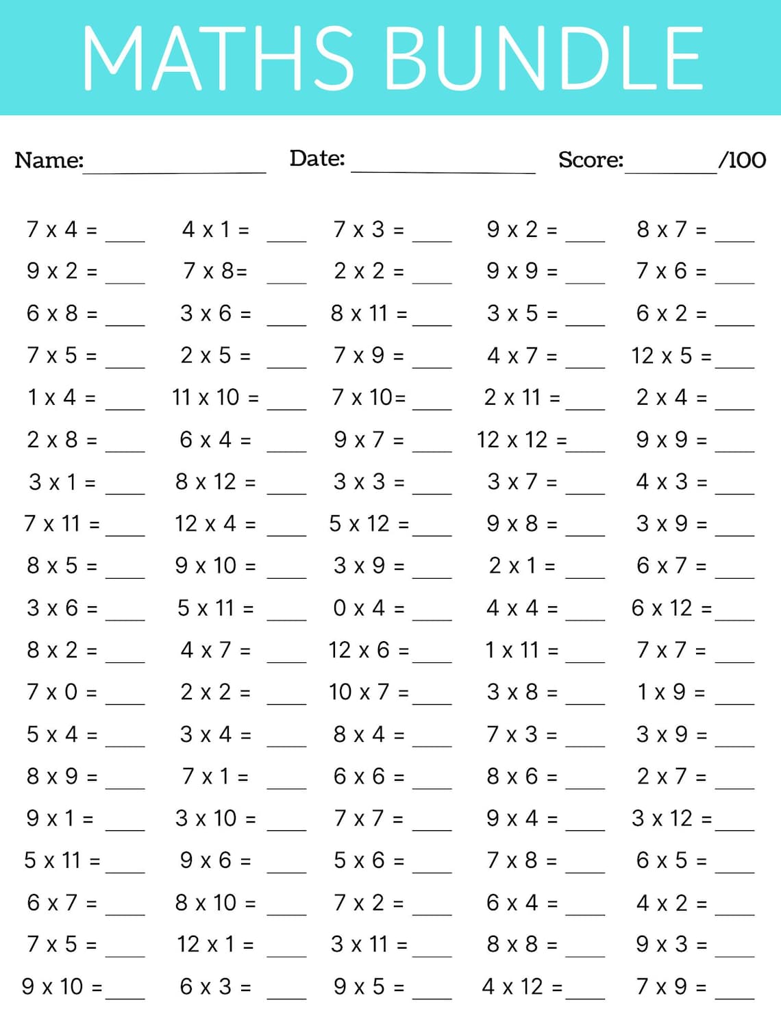 20 Pages of Printable Multiplication Worksheets Bundle - Single ...