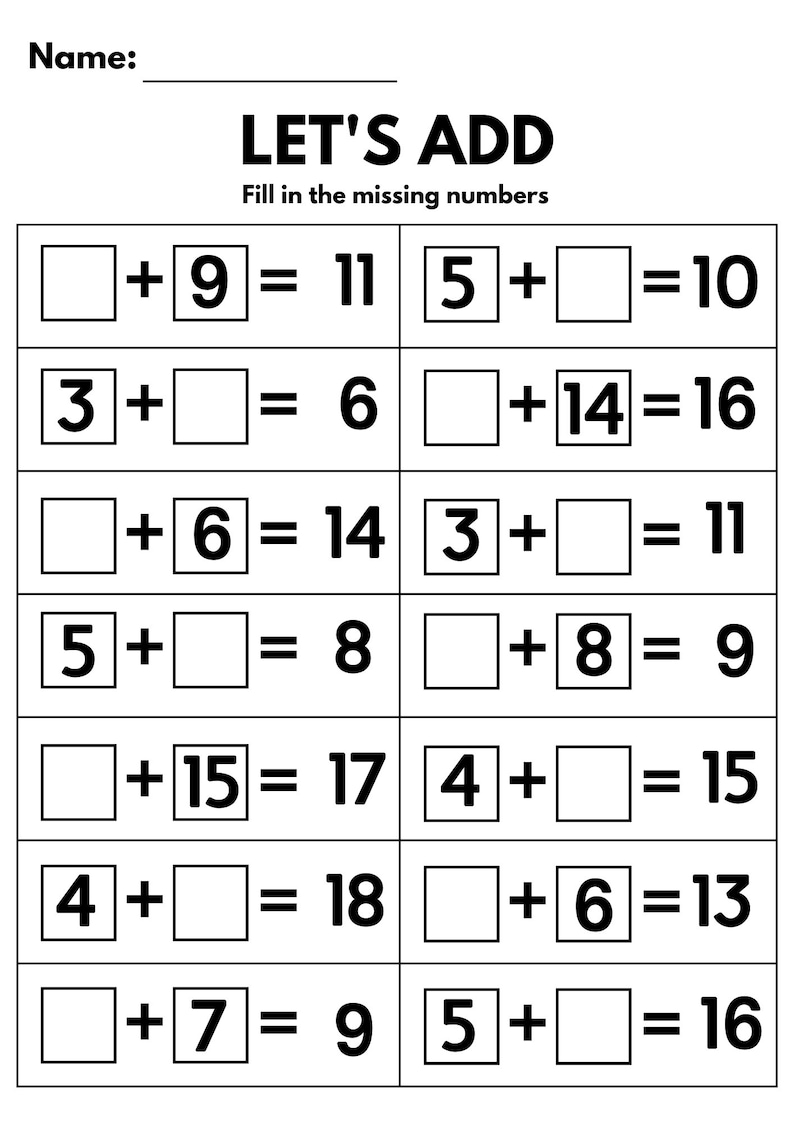 10 Printable Additition Fill in the Blanks Worksheets (numbers 1-20 ...