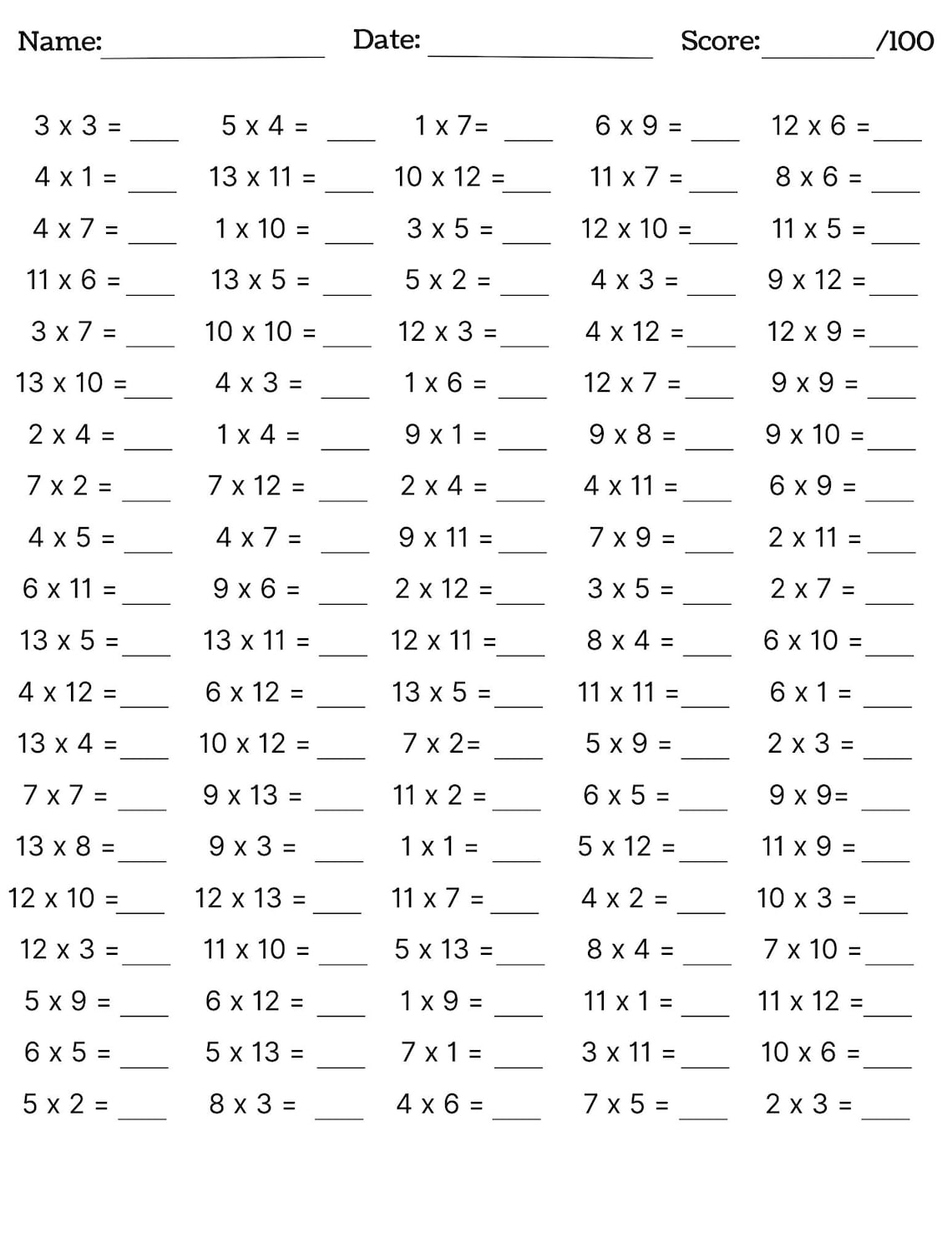 10 Printable Multiplication Worksheets, Fill in the Blanks - Single and ...