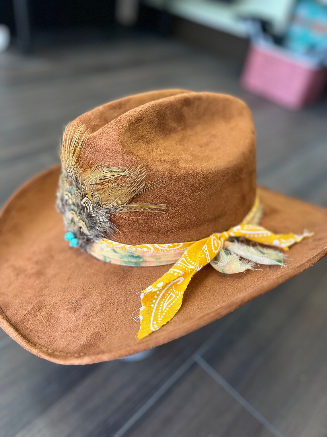 The Stapelton Cowboy Hat With Turquoise Stones and Feathers - Etsy