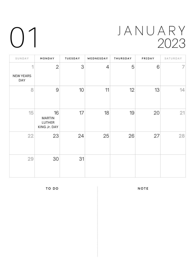2023 Black and White Printable Calendar With Notes and To-do Sections ...