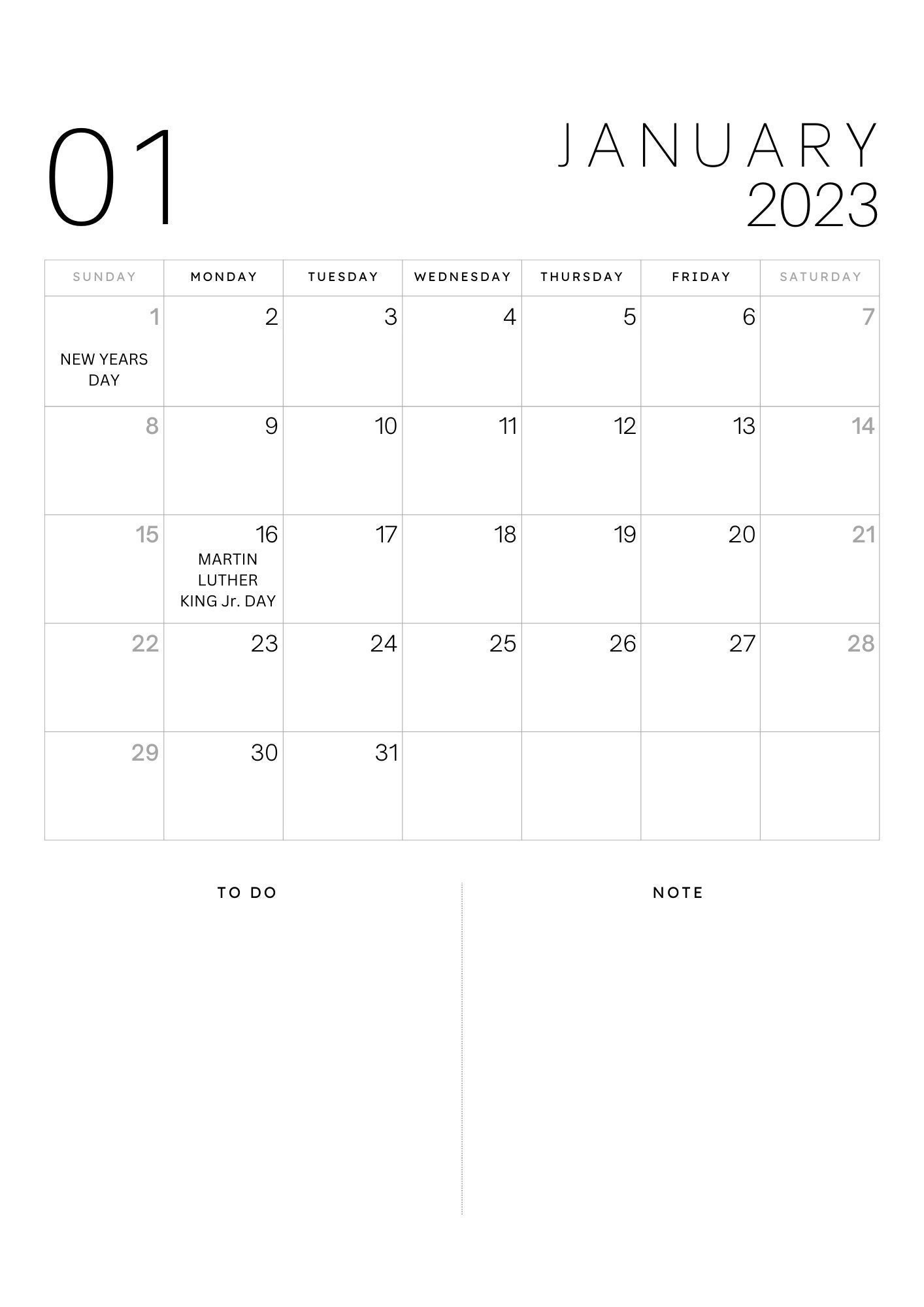 2023 Black and White Printable Calendar With Notes and To-do Sections ...