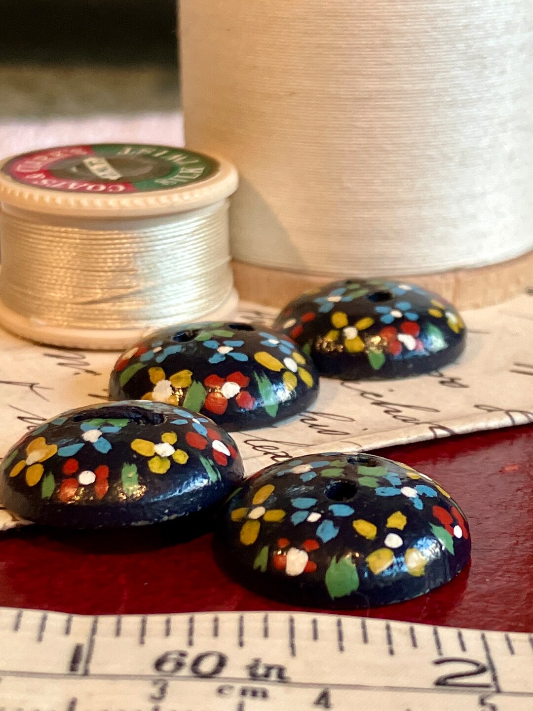 Vintage hand painted wooden button set, handcrafted button set, vintage ...