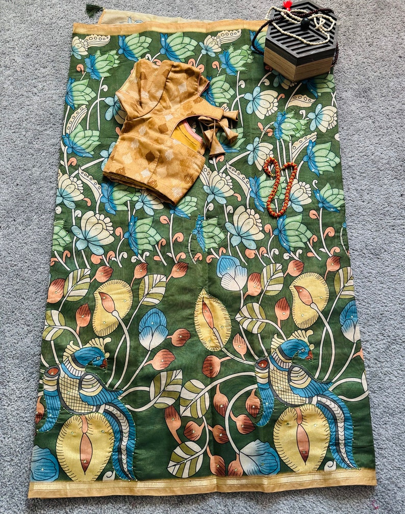 Green Mirror Work Chandri Silk Cotton kalamkari Chanderi Silk Cotton ...