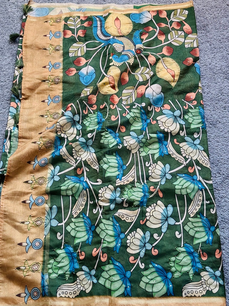Green Mirror Work Chandri Silk Cotton kalamkari Chanderi Silk Cotton ...