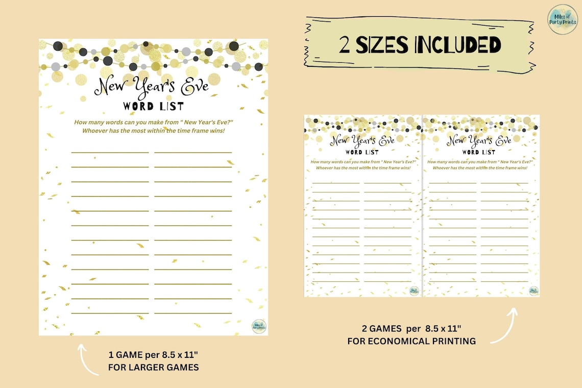 NYE Word List New Years Eve Games printable Nye Activity party Games ...