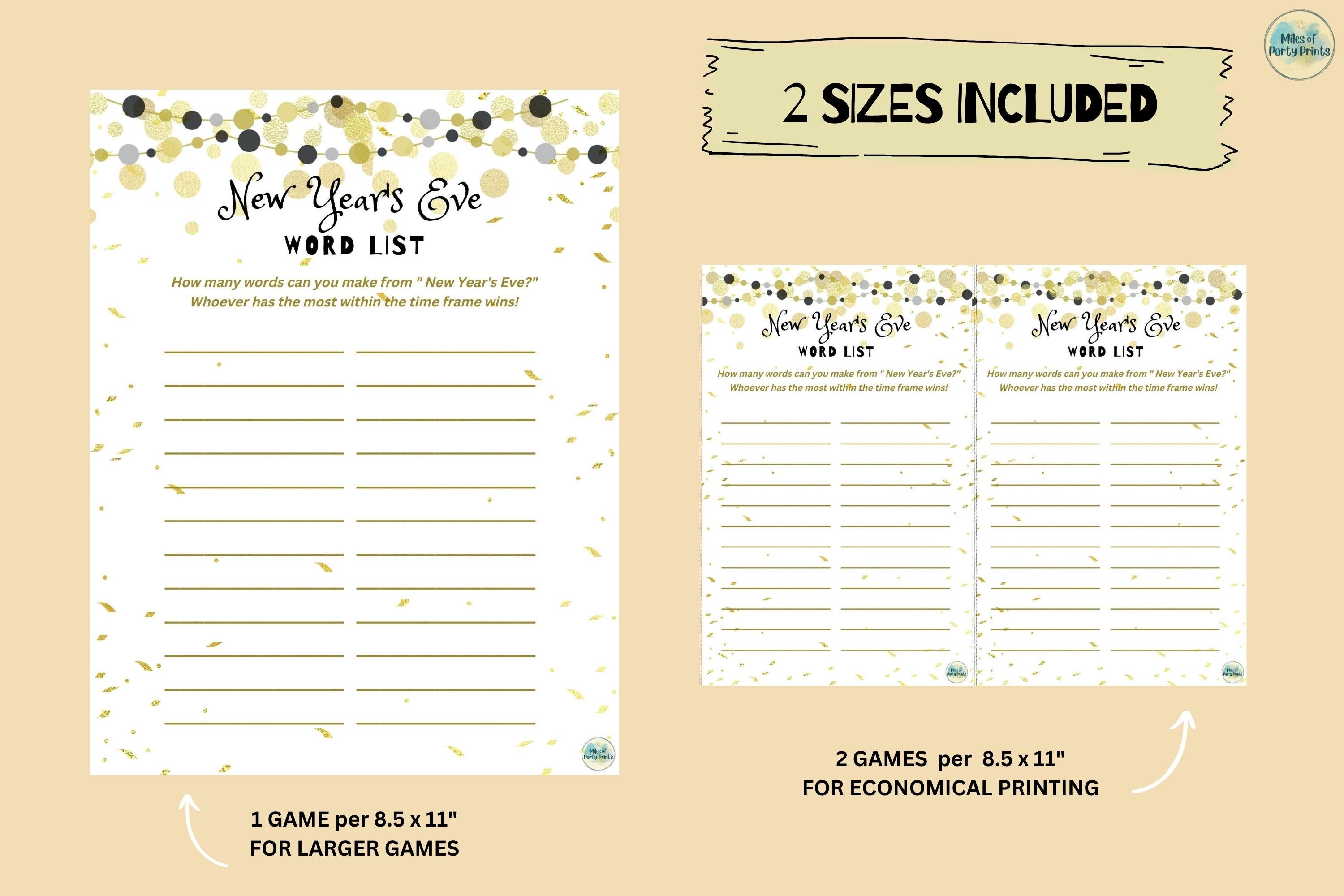 NYE Word List New Years Eve Games printable Nye Activity party Games ...