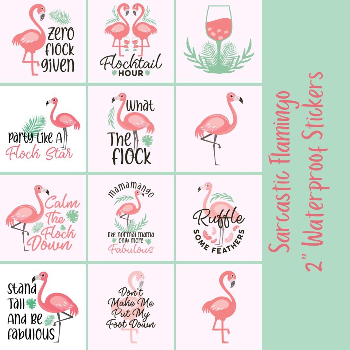12 Sarcastic Pink Flamingo Stickers, Set of 12 Flamingo Stickers, Funny ...