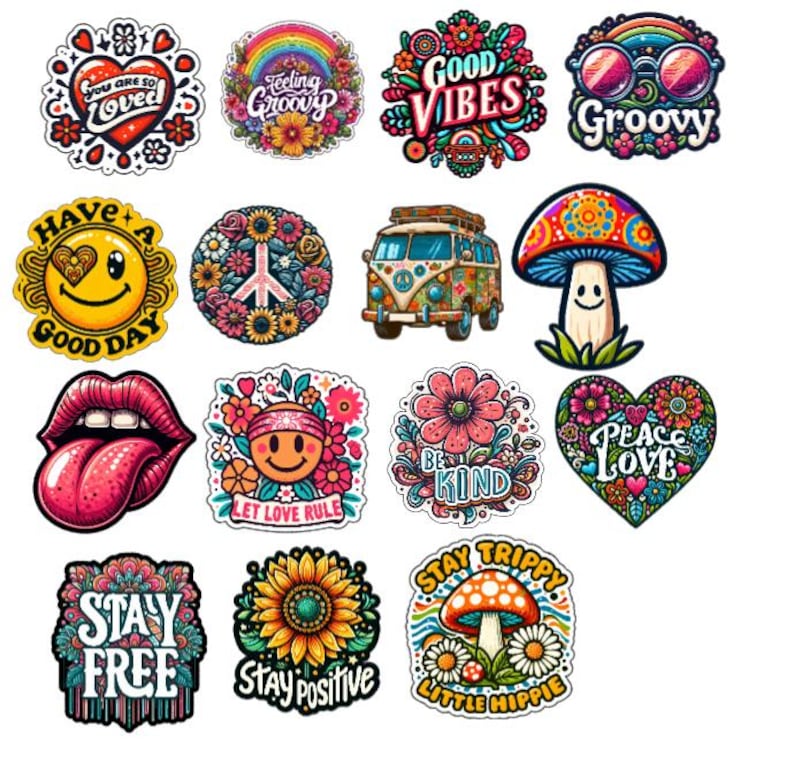 50+ Groovy Vibes Sticker Pack - Peace, Love, & Positivity, Waterproof ...