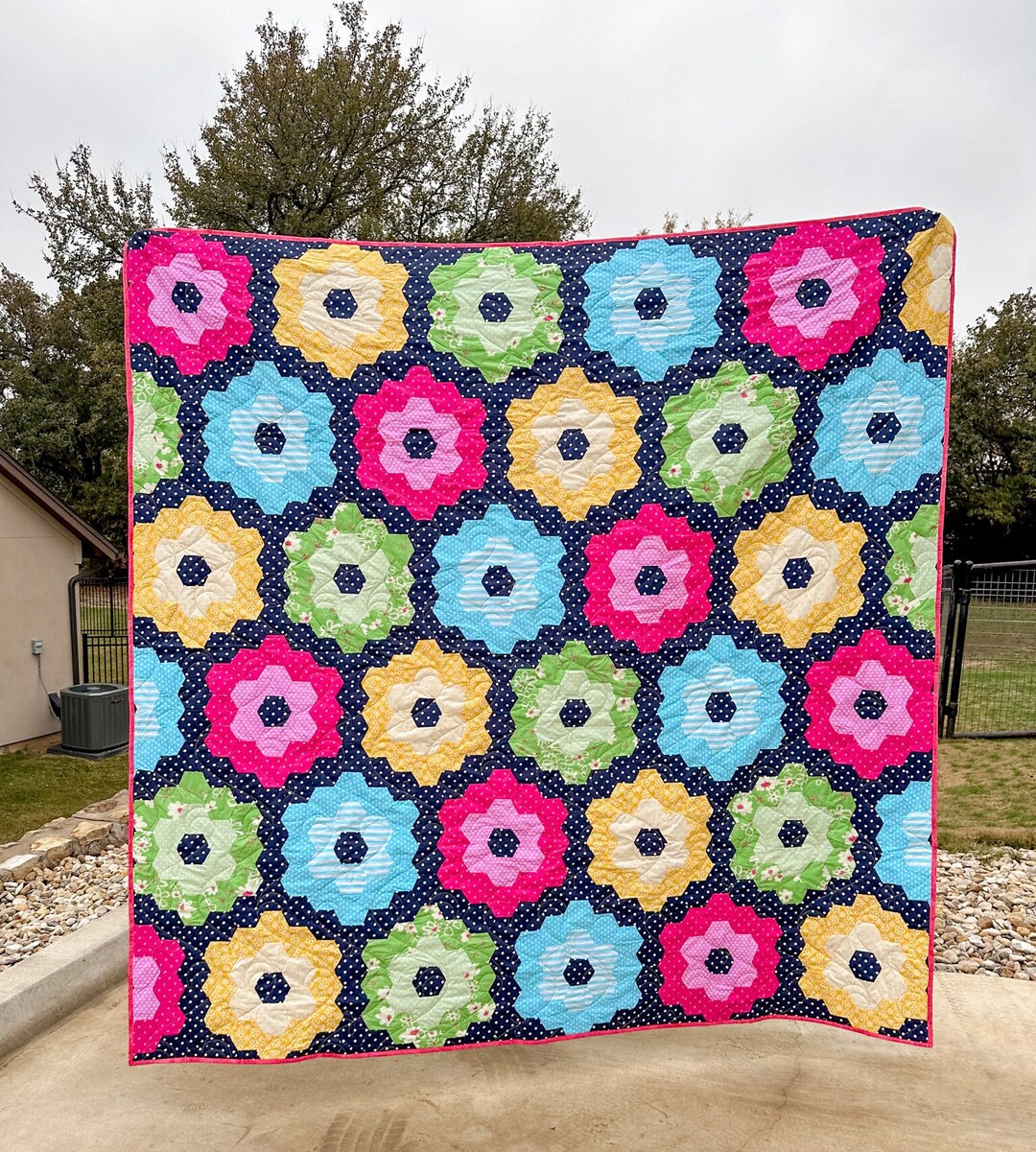 Vibrant Hexagon Flower Quilt | Pink, Blue, Green, and Yellow Flower ...