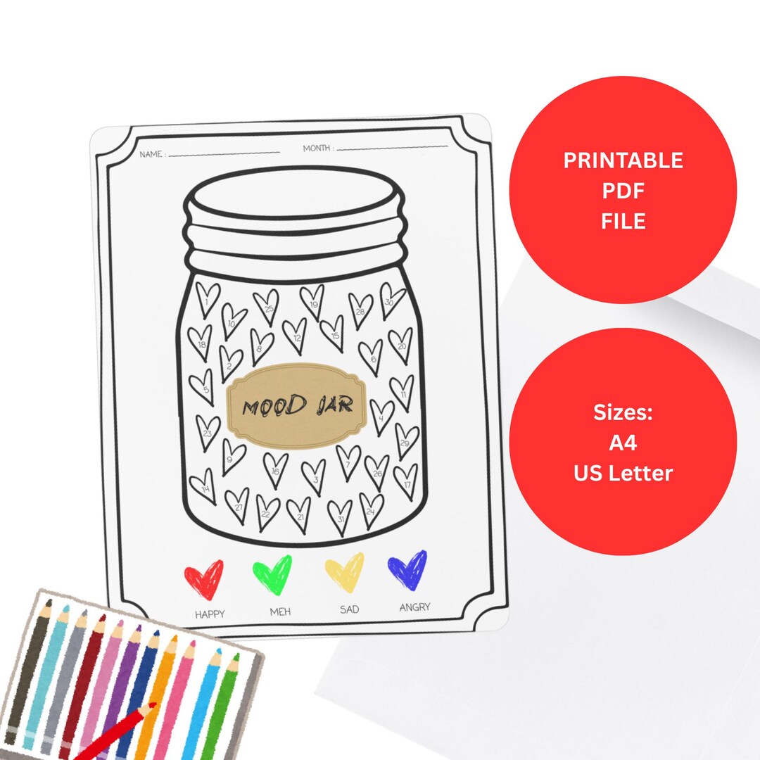 Digital Mood Tracker for Kids, Coloring Hearts in a Jar, Monthly Mental ...
