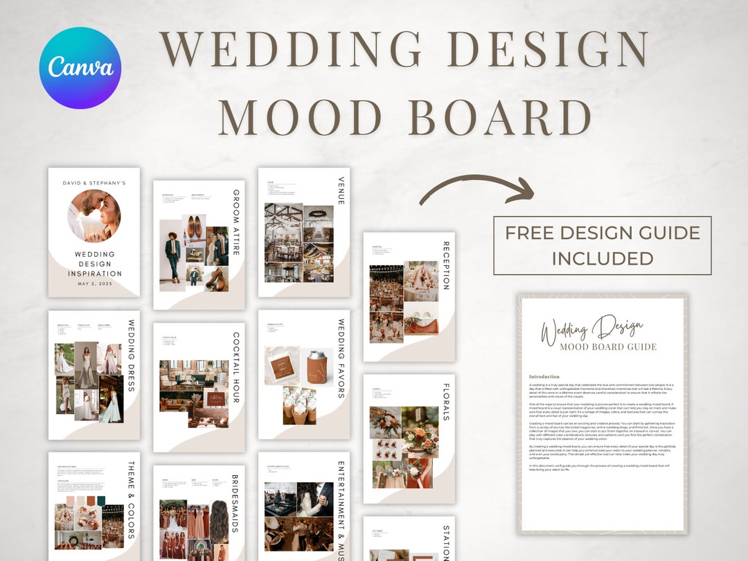 Wedding Design Mood Board Template With Bonus PDF Guide | Canva Editable Template | Wedding ...