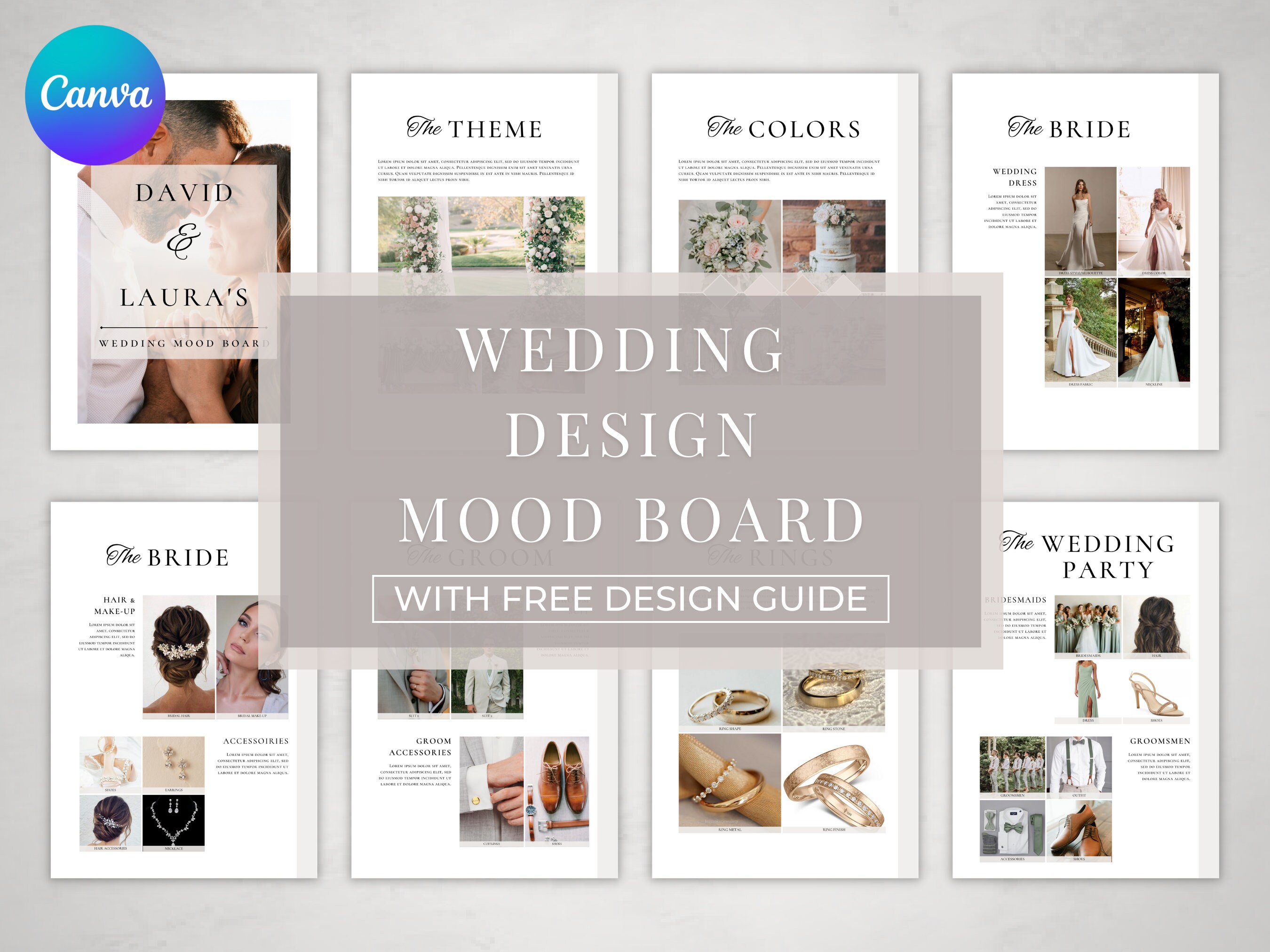 Modern Wedding Mood Board Template With Bonus Guide | Canva Template | Wedding Design ...