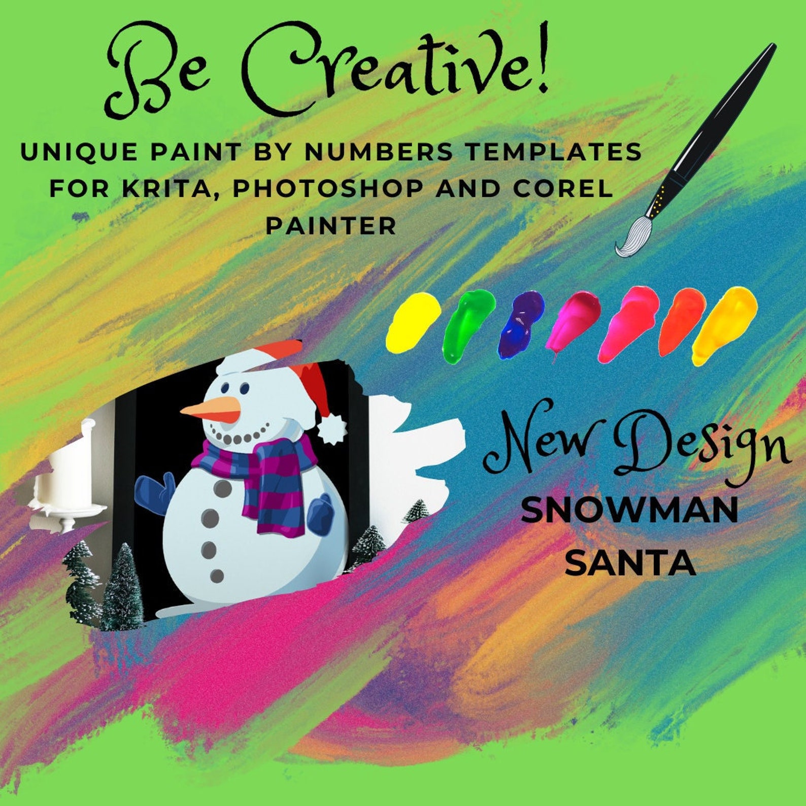 Paint by Numbers for Krita, Photoshop, Corel Painter - Snowman Santa ...