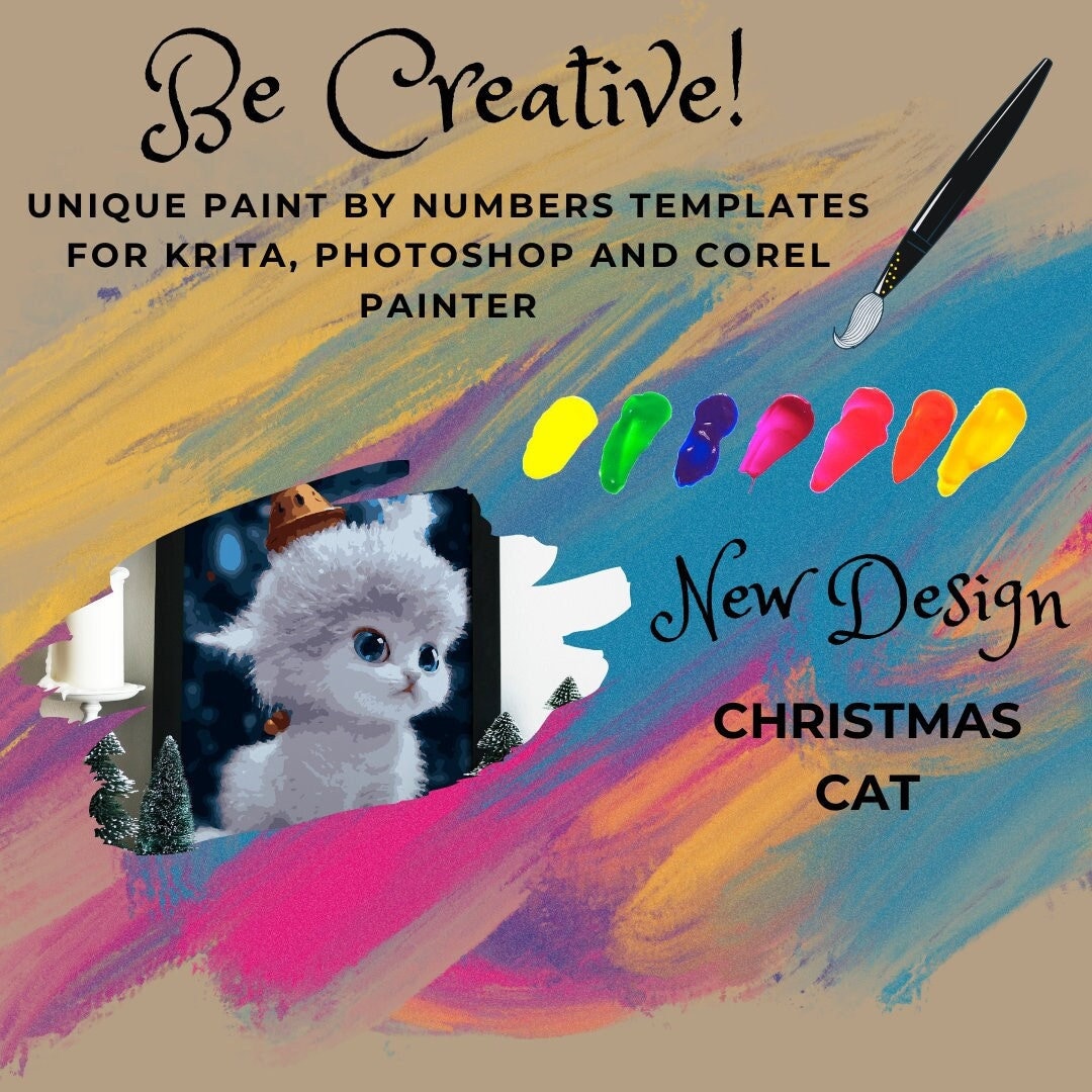 Paint by Numbers for Krita, Photoshop, Corel Painter - Christmas Cat, Color by Numbers, Mahlen ...