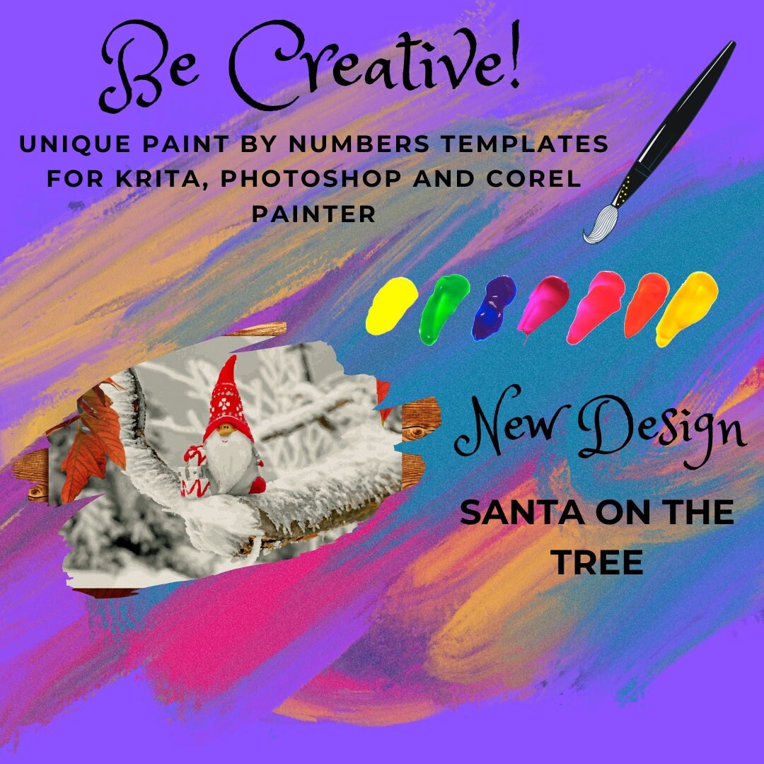 Paint by Numbers for Krita, Photoshop, Corel Painter - Santa on the Tree, Color by Numbers ...