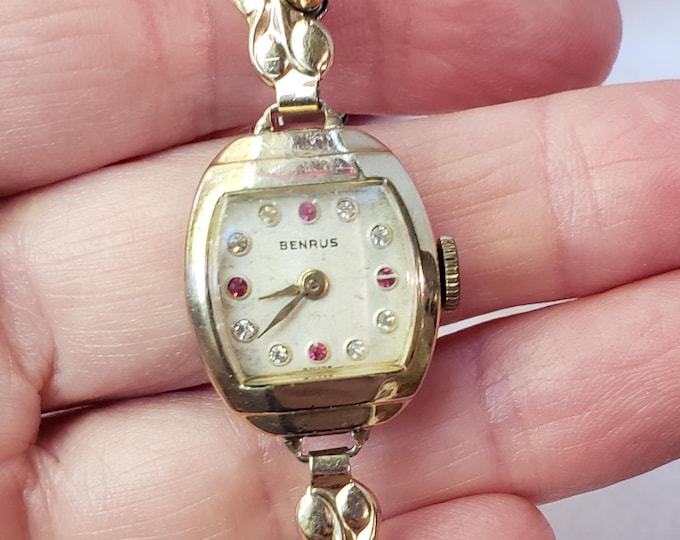 Vintage 1940s 10K Gold Ruby & Diamond Benrus Ladies Watch: Art Deco ...
