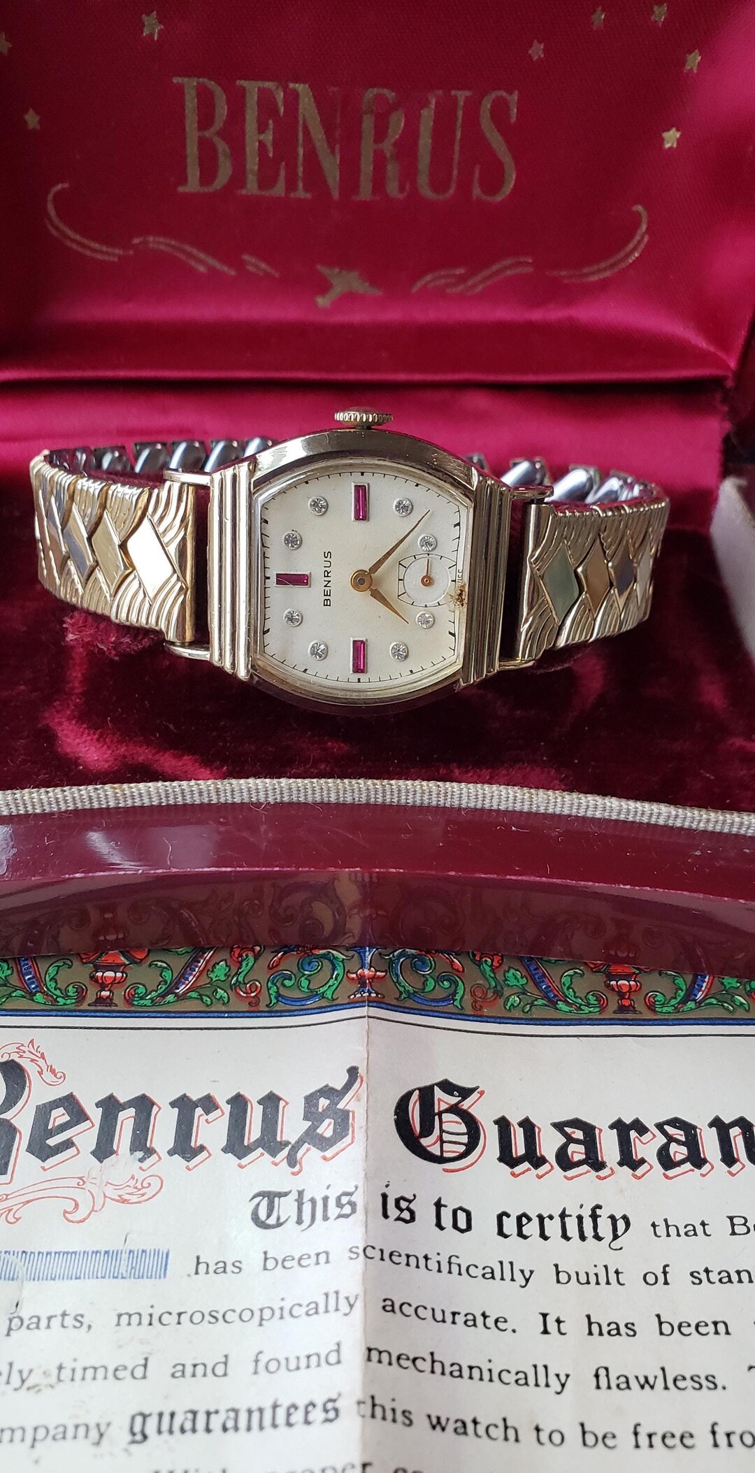 Vintage 1940's 10K Gold Rubies & Diamonds Benrus Tank Watch Men's Swiss ...