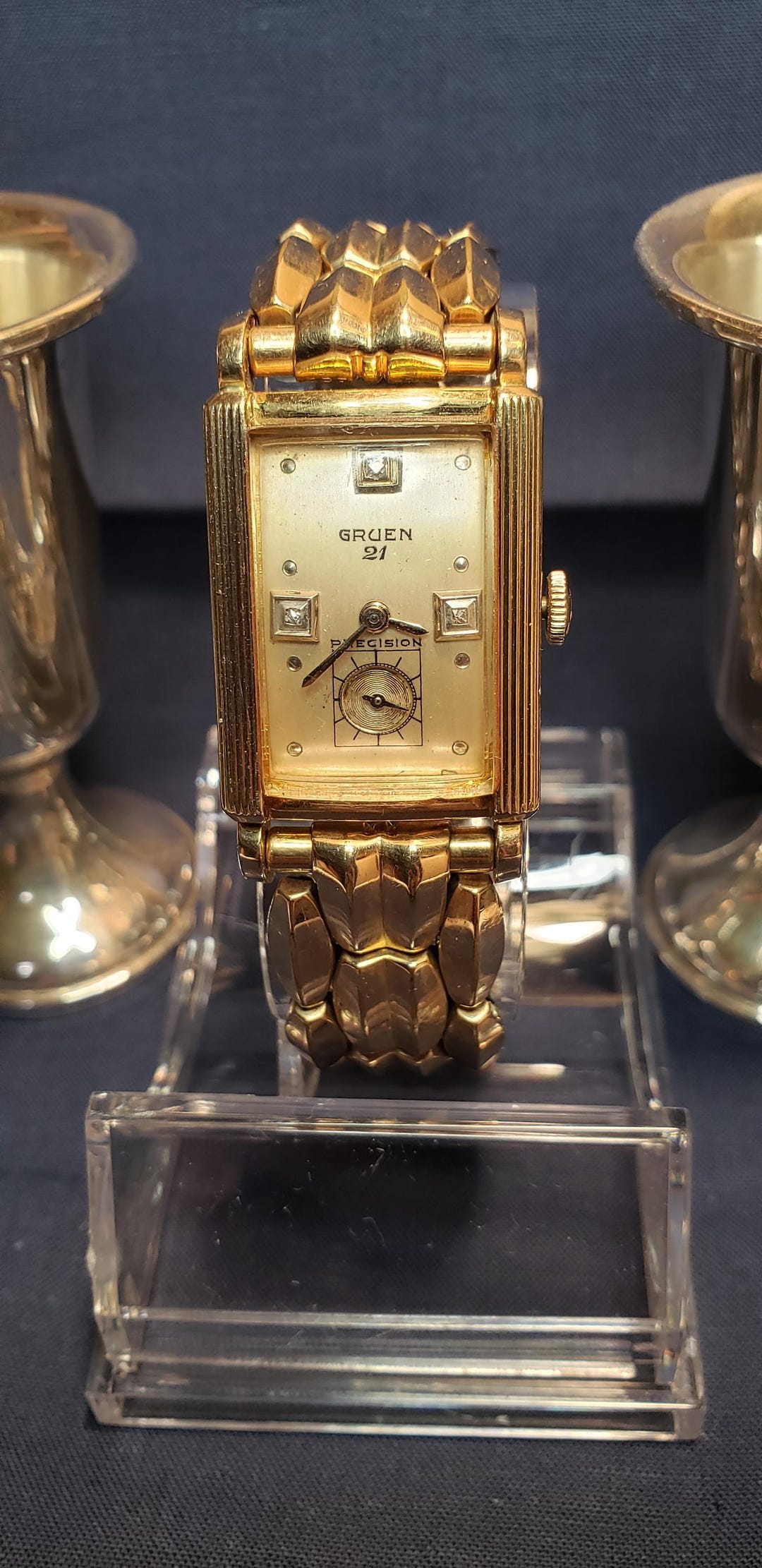 Vintage 1940's 10K Gold & Diamonds Gruen Precision 21 Men's Tank Watch ...