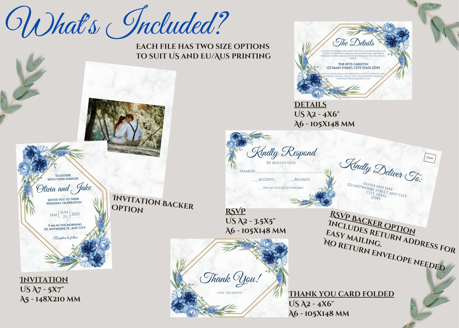 Wedding Invitation Template Set Blue Flowers With Gold Trim - Etsy