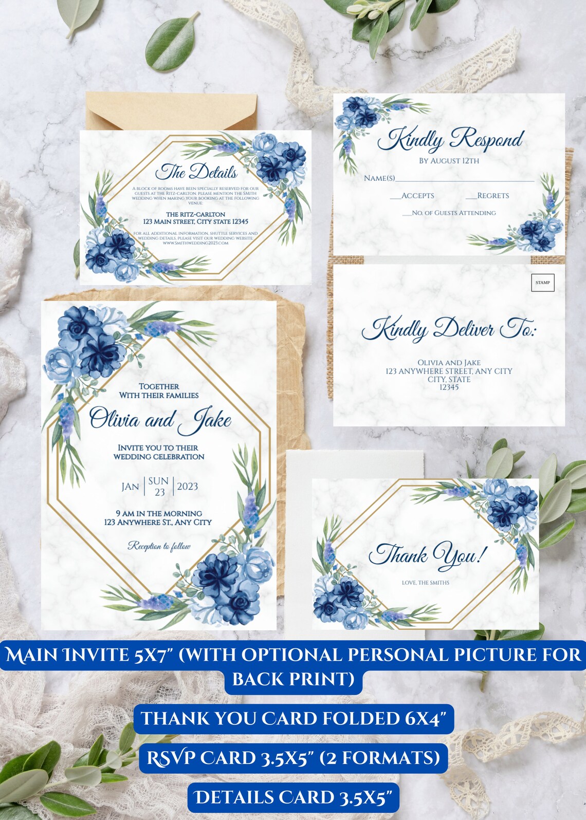 Wedding Invitation Template Set Blue Flowers With Gold Trim - Etsy