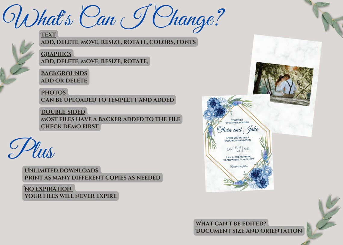 Wedding Invitation Template Set Blue Flowers With Gold Trim - Etsy