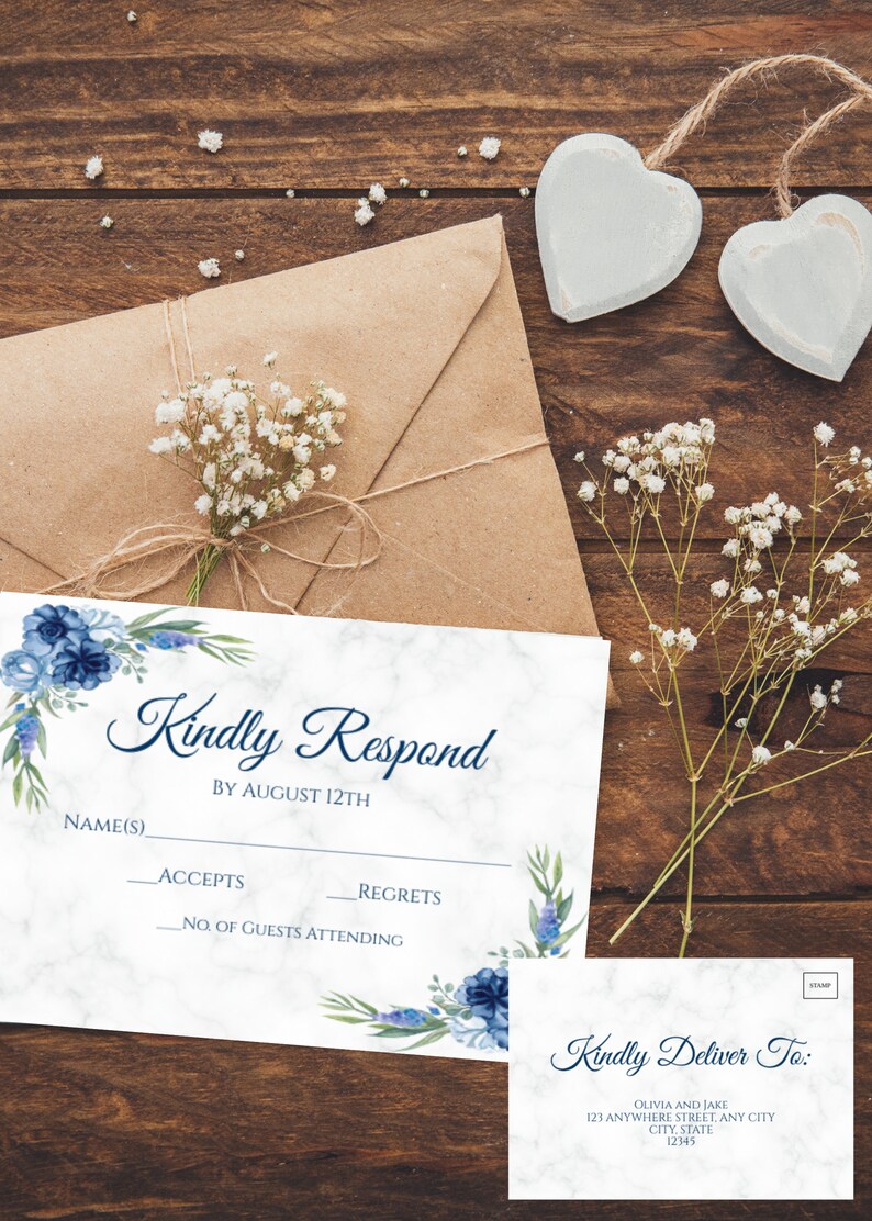 Wedding Invitation Template Set Blue Flowers With Gold Trim - Etsy