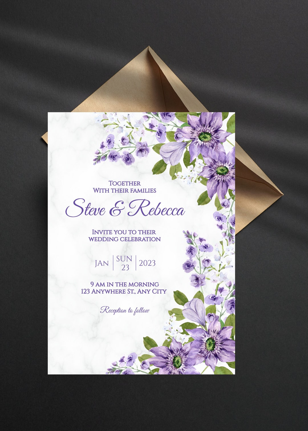 Purple Floral Wedding Invitation Template Set, Purple Flowers Wedding ...