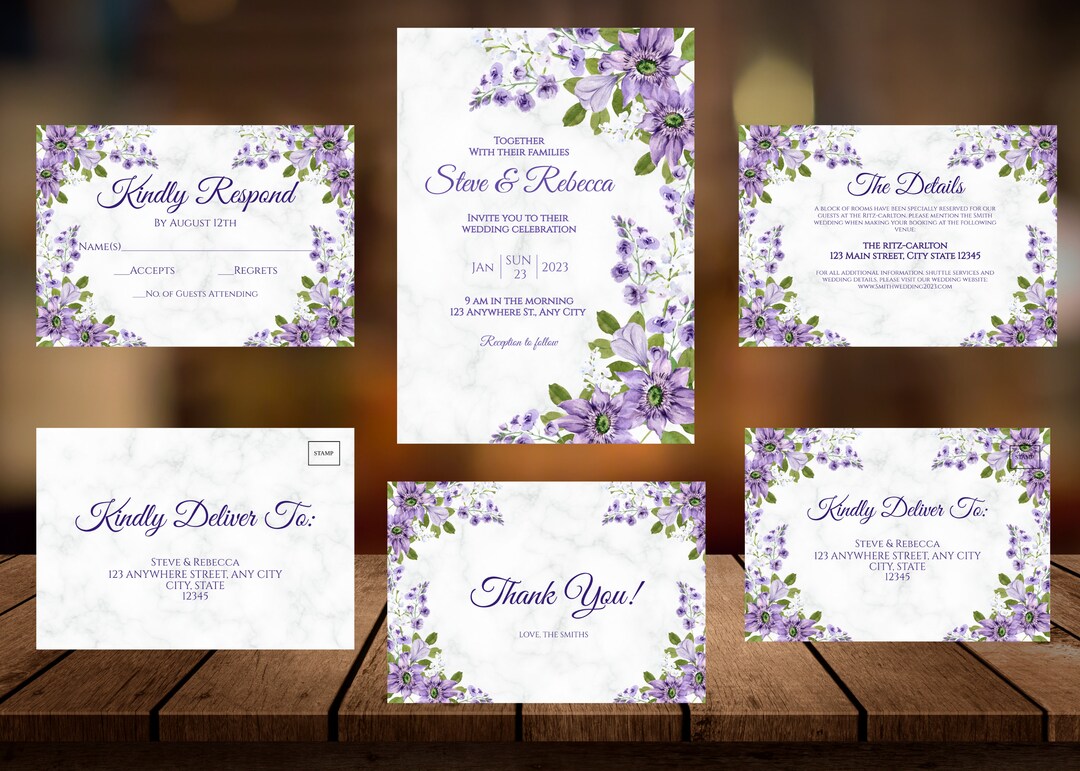 Wedding Invitation Template Set Purple Flowers With Trim - Etsy