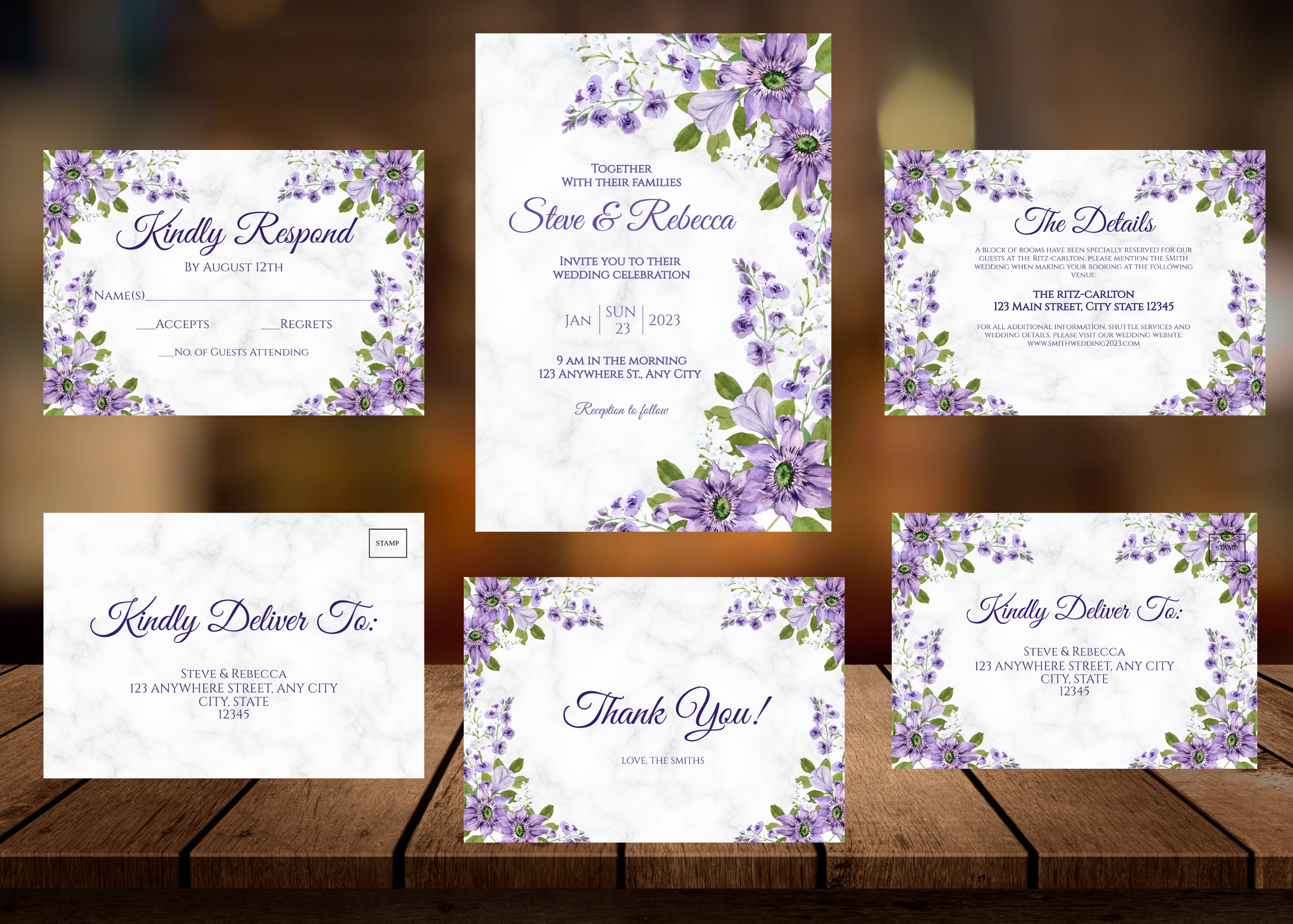 Purple Floral Wedding Invitation Template Set, Purple Flowers Wedding ...