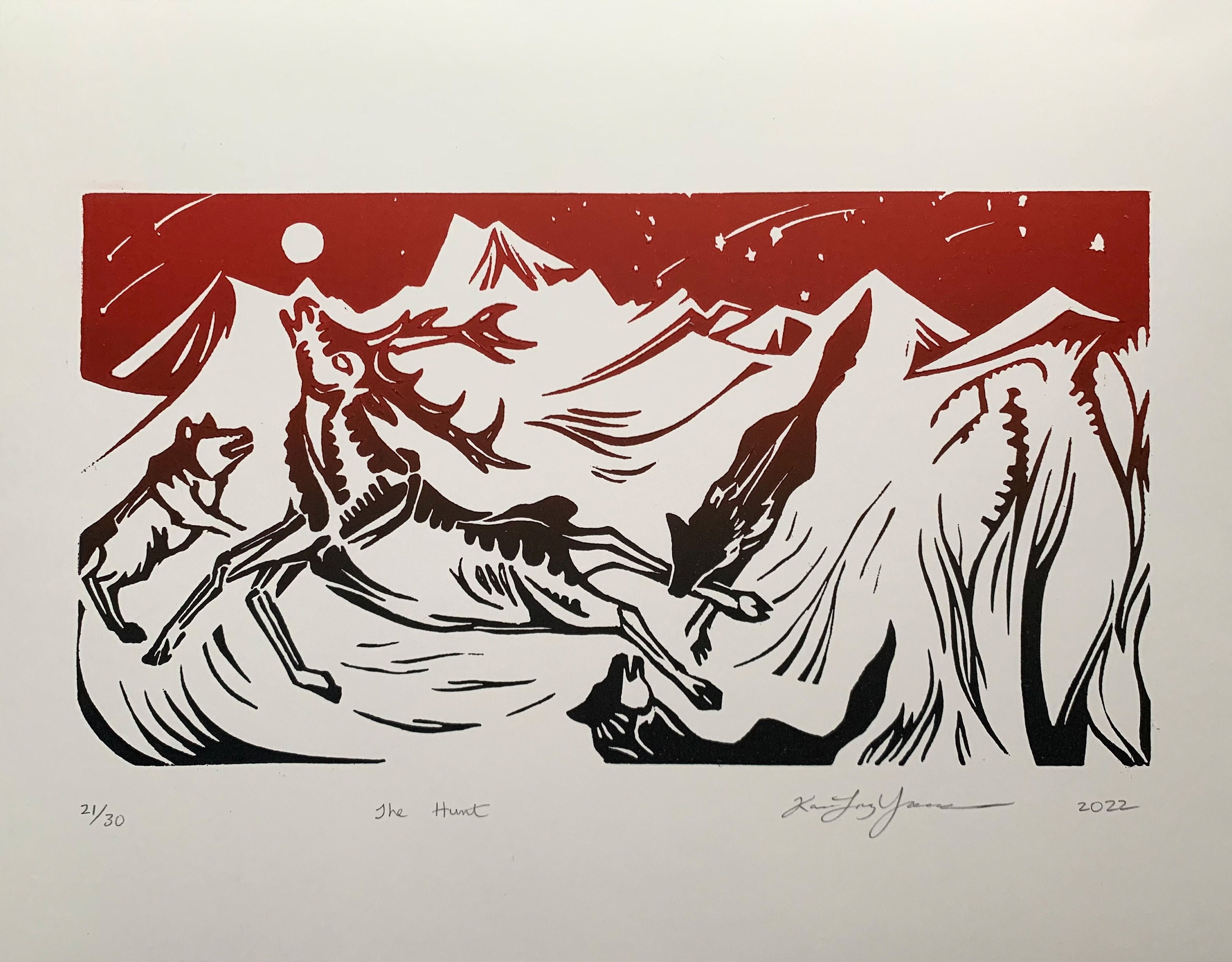 The Hunt -- Wolves and Elk Linocut Print -- Fine Art - Etsy