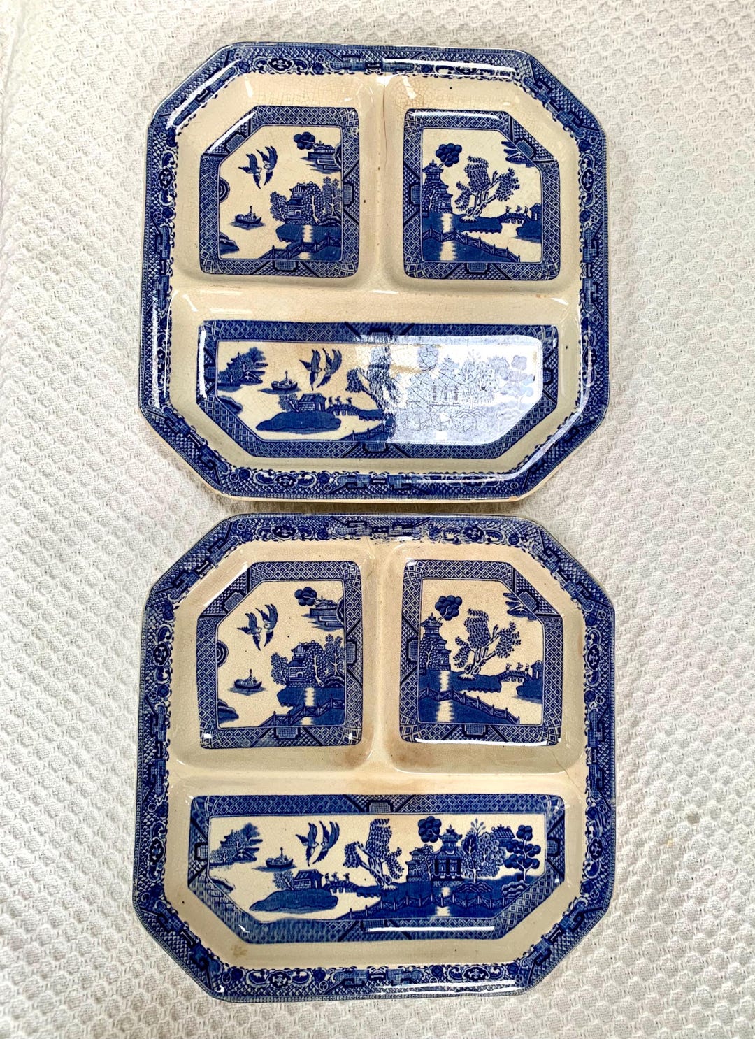 Vintage Square Divided Plates by WR Midwinter Willow Pattern Blue ...
