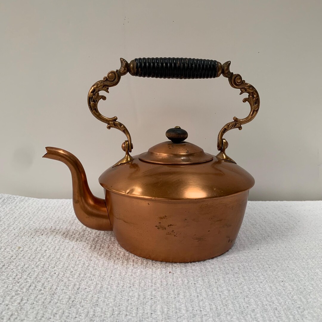 Copper Tea Kettle W/ Ornate Brass Handle and Wood Hand Grip-vintage ...