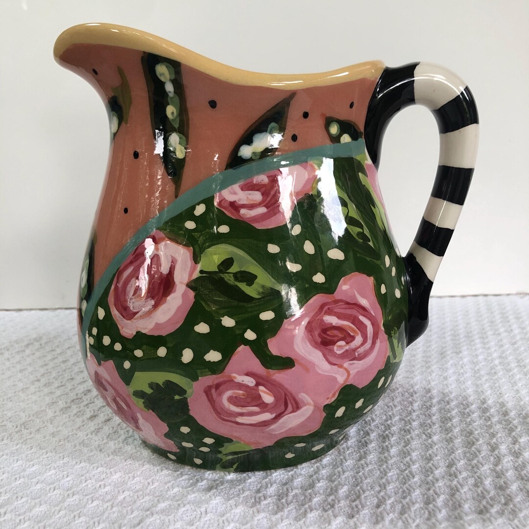 Droll Designs Hand Painted Large Art Pottery Pitcher Whimsical Rose and ...