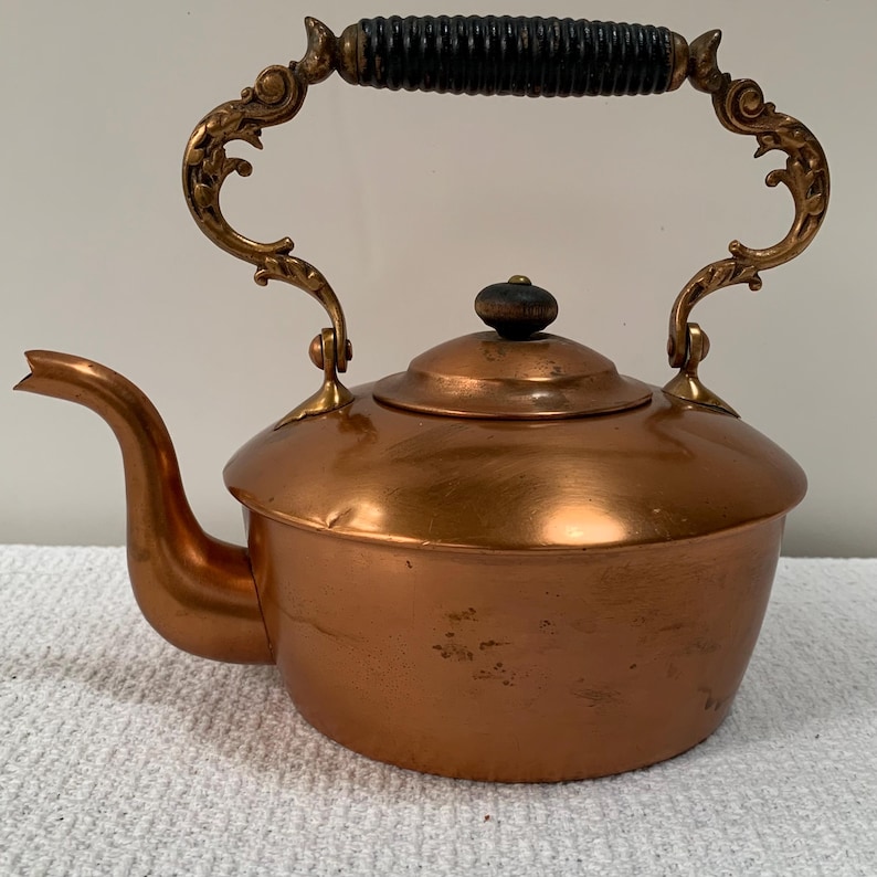 Copper Tea Kettle W/ Ornate Brass Handle and Wood Hand Grip-vintage ...