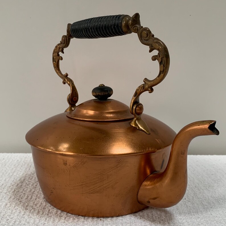 Copper Tea Kettle W/ Ornate Brass Handle and Wood Hand Grip-vintage ...