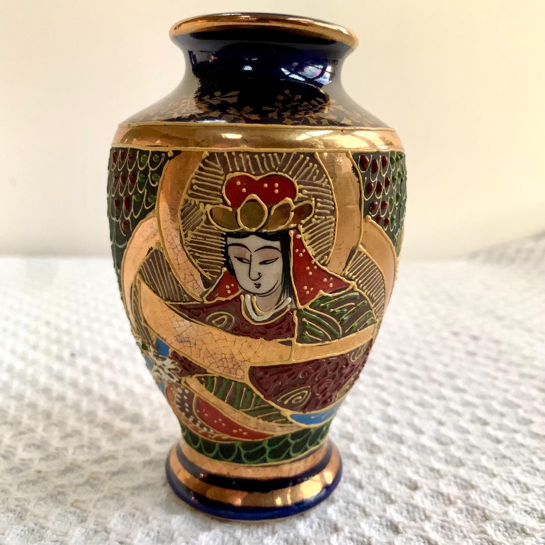 Japanese Satsuma Moriage Vase, Cobalt Blue Base W/ Heavy Gold Gilting ...