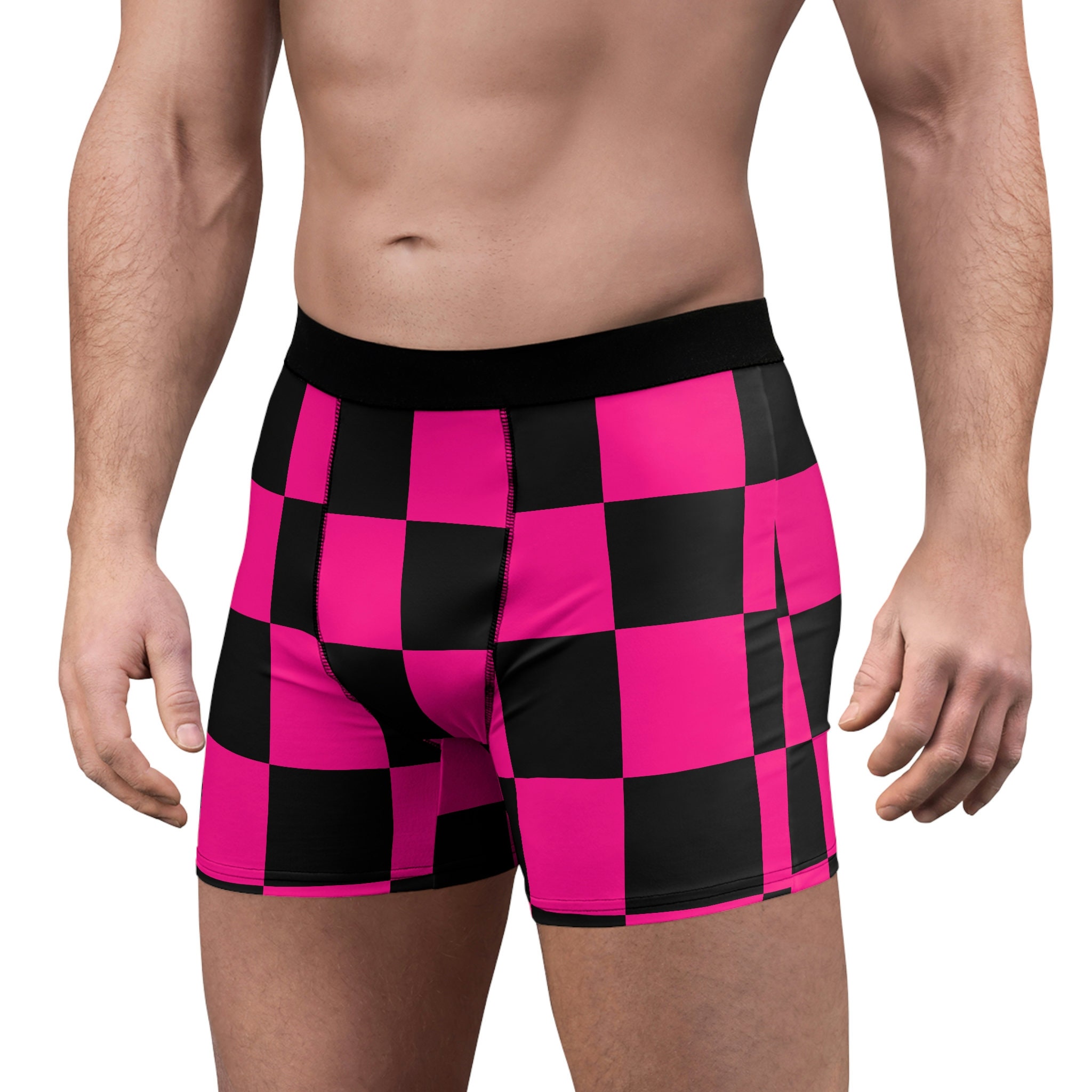 Hot Pink Plaid Men's Boxer Briefs, Checkered Pattern Underwear for Him ...