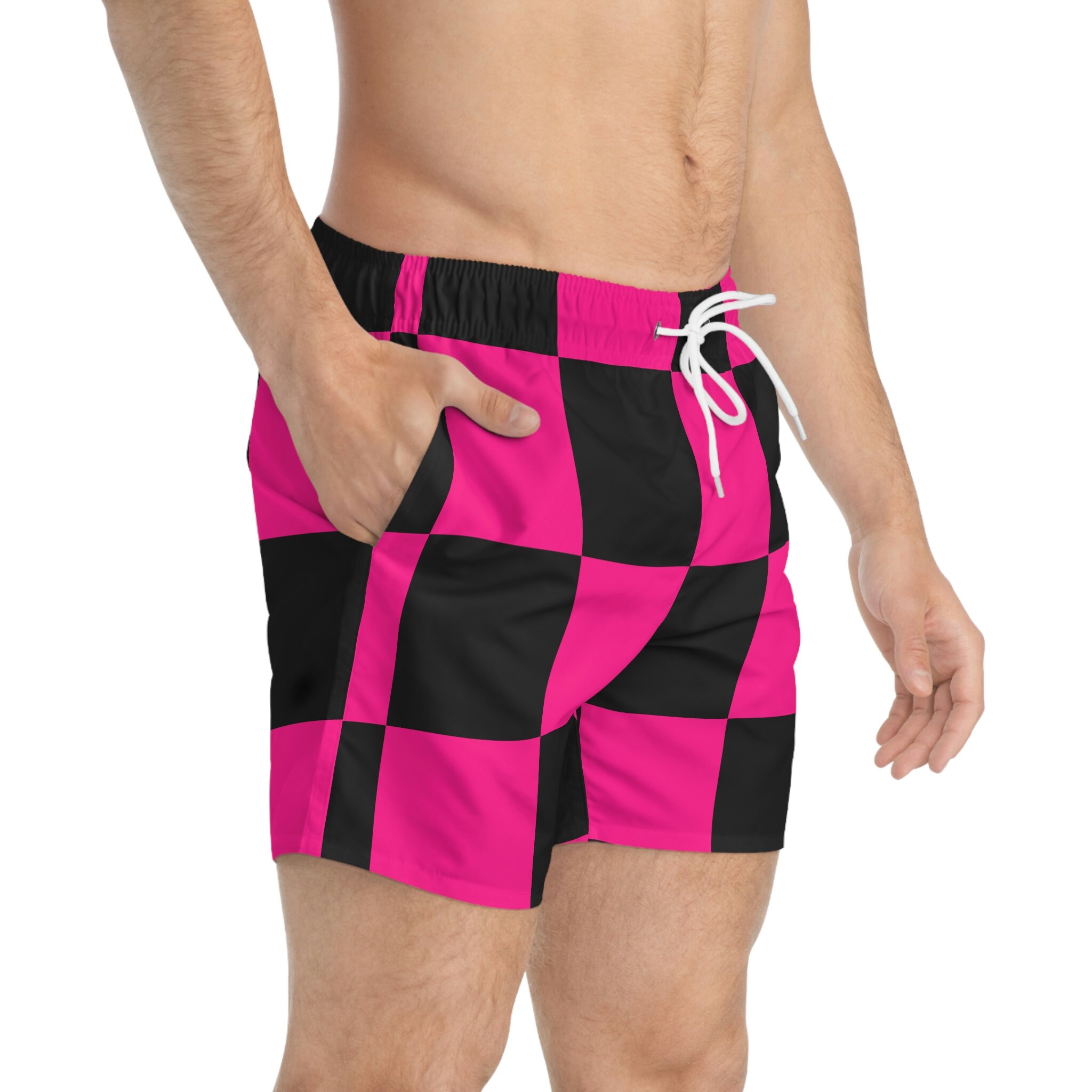 Hot Pink Checkered Swim Trunks, Anime Inspired Swimming Shorts, Magenta ...