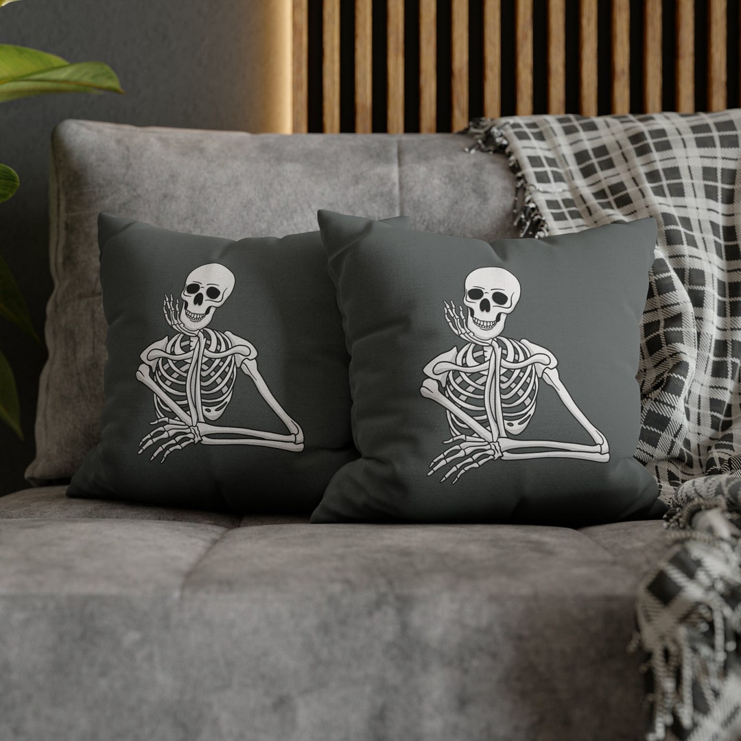 Gray Thinking Skeleton Pillow Cover, Halloween Pillow Cover, Skeleton ...
