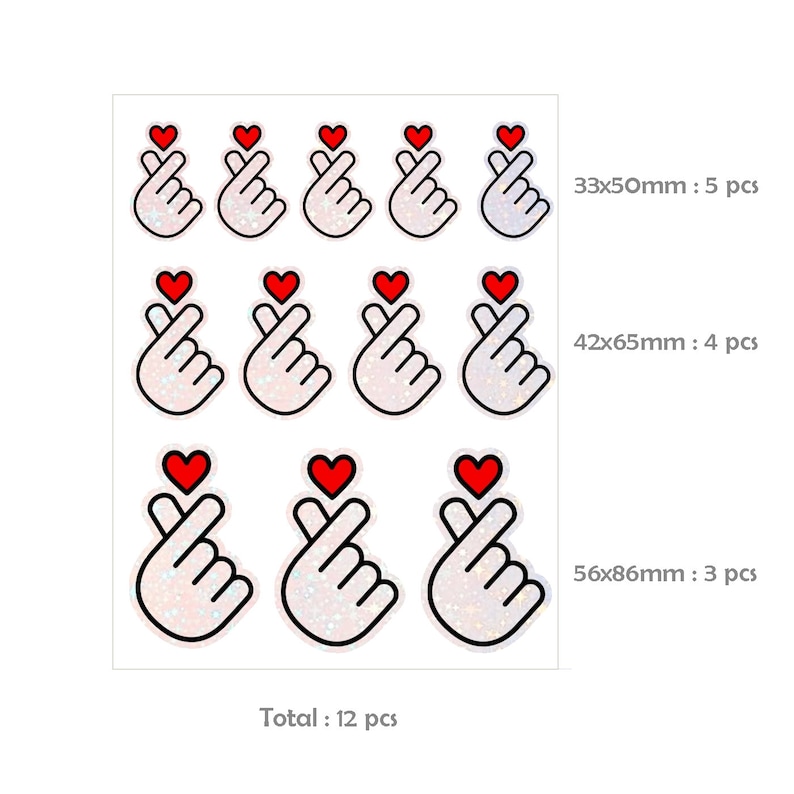 K-pop Finger Heart Stickers Set 3 Sizes, 12 Pieces Holographic ...