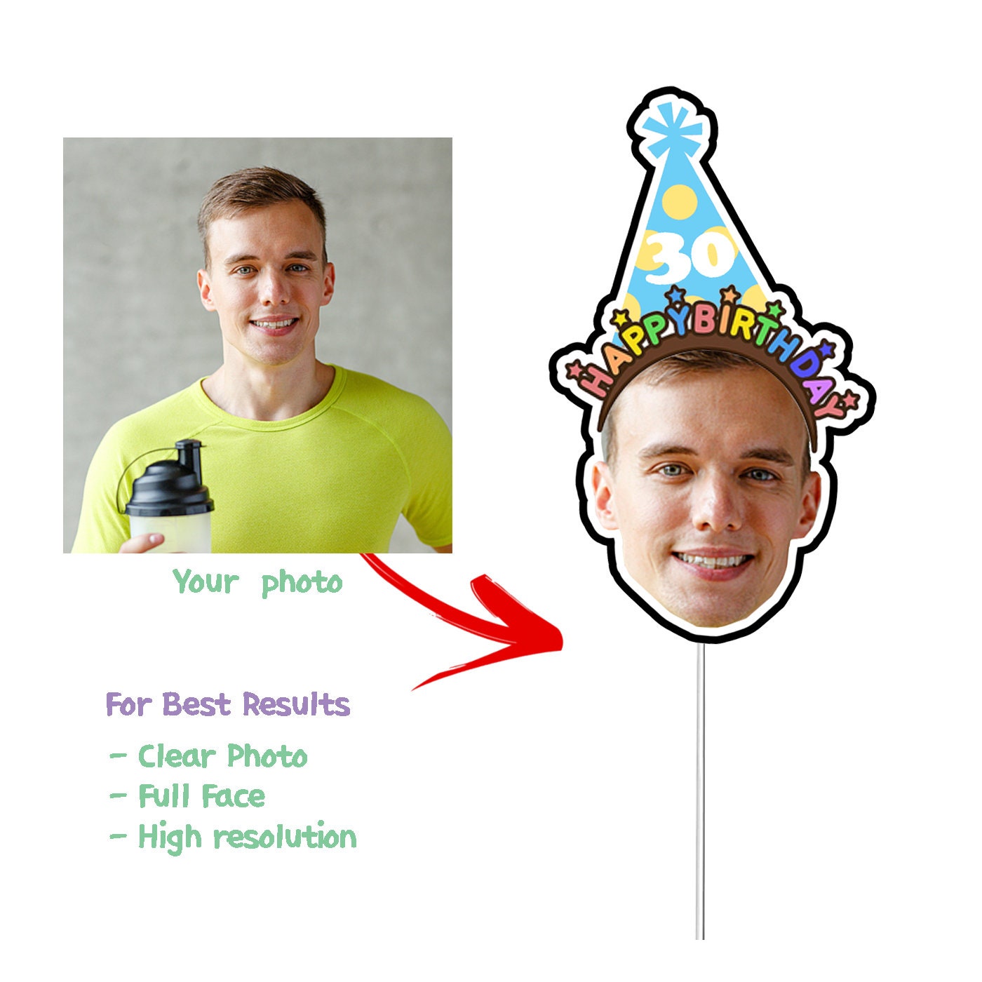 Face Photo on Stick Custom Face Cake Topper Fun Face Photo Prop Face ...